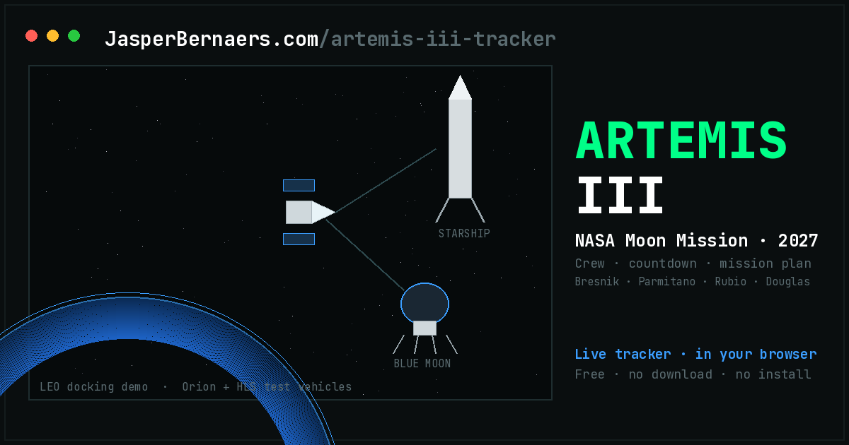 Artemis III Tracker — NASA Moon Mission 2027 Crew, Countdown & Mission Plan
